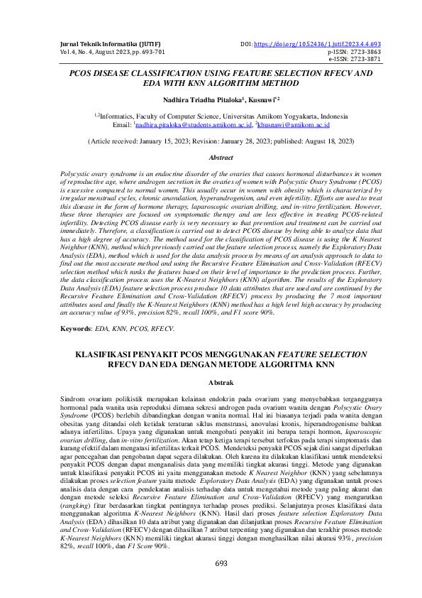 (PDF) Pcos Disease Classification Using Feature Selection Rfecv and Eda with KNN Algorithm Method
