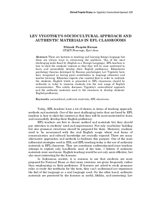 (PDF) Lev Vygotsky’s Sociocultural Approach and Authentic Materials in Efl Classrooms