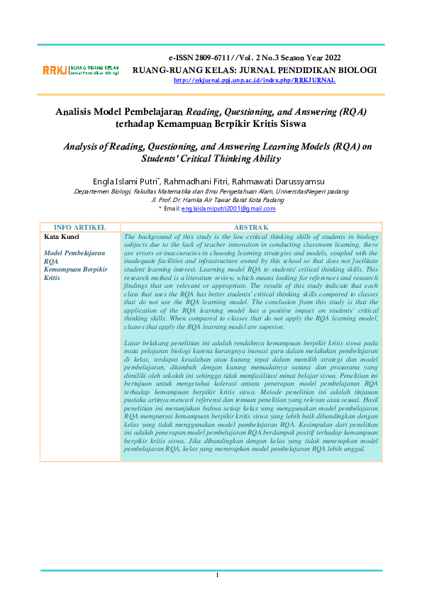 (PDF) Analisis Model Pembelajaran Reading, Questioning, and Answering (RQA) terhadap Kemampuan ...