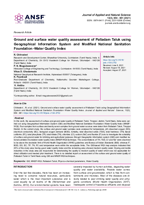 Pdf Ground And Surface Water Quality Assessment Of Palladam Taluk Using Geographical