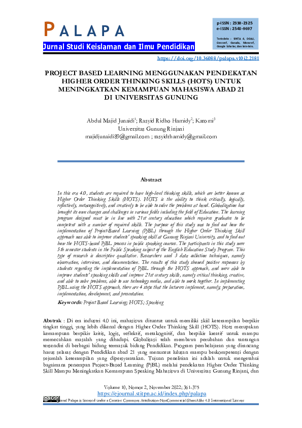 (PDF) Project Based Learning Menggunakan Pendekatan Higher Order Thinking Skills (HOTS) untuk ...