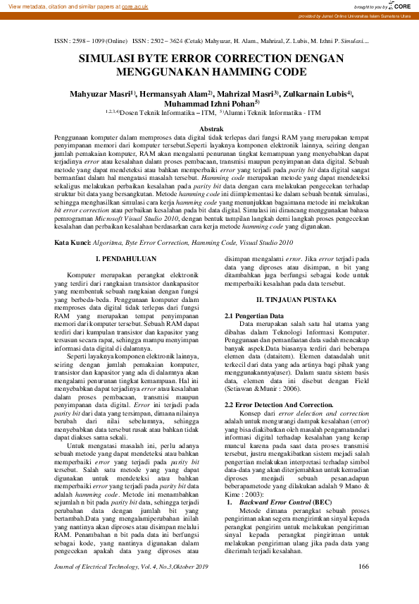 (PDF) Simulasi Byte Error Correction Dengan Menggunakan Hamming Code