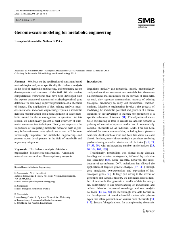 Pdf Genome Scale Modeling For Metabolic Engineering