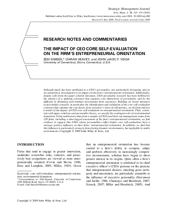 (PDF) The impact of CEO core self-evaluation on the firm's ...