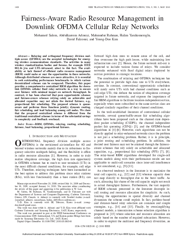 (PDF) Fairness-aware radio resource management in downlink OFDMA cellular relay networks ...