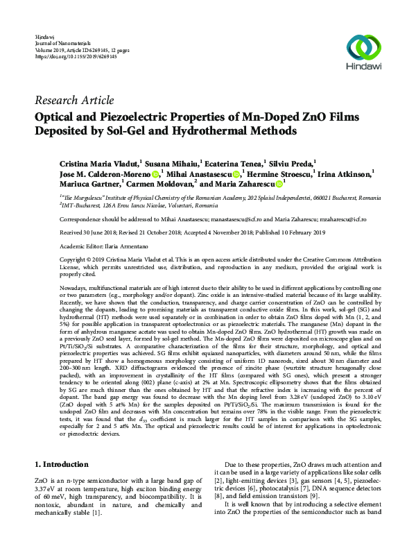 (PDF) Optical and Piezoelectric Properties of Mn-Doped ZnO Films Deposited by Sol-Gel and ...