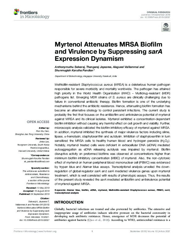 (PDF) Myrtenol Attenuates MRSA Biofilm and Virulence by Suppressing ...