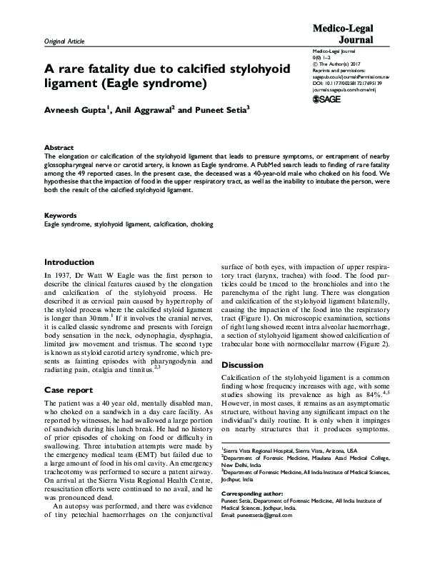 (PDF) A rare fatality due to calcified stylohyoid ligament (Eagle syndrome)