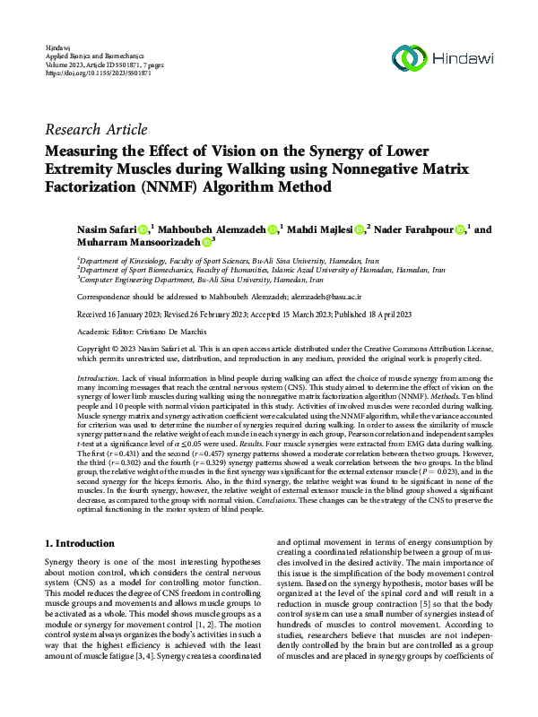 Pdf Measuring The Effect Of Vision On The Synergy Of Lower Extremity Muscles During Walking