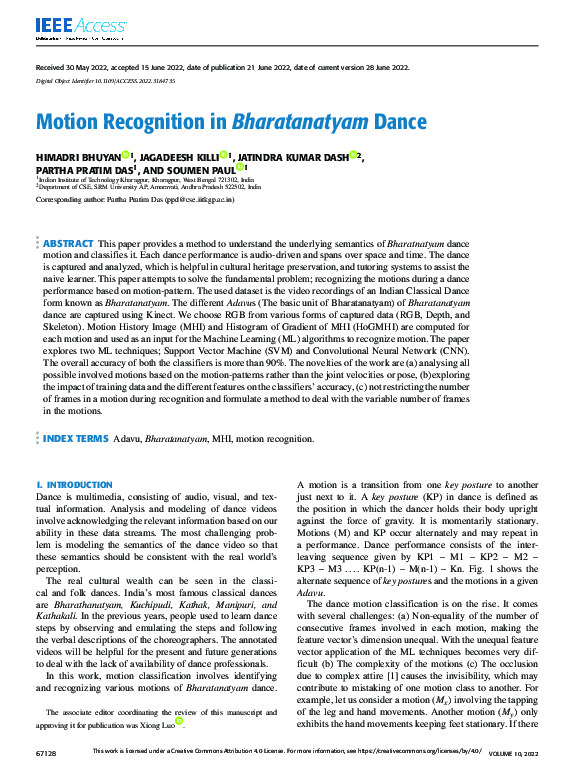 Pdf Motion Recognition In Bharatanatyam Dance