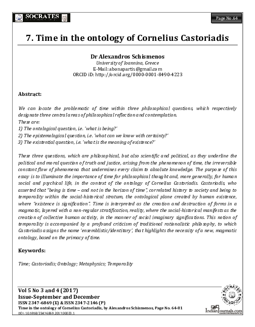 (PDF) Time in the ontology of Cornelius Castoriadis