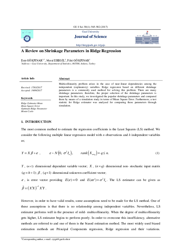 Pdf A Review On Shrinkage Parameters In Ridge Regression Esra Gökpınar