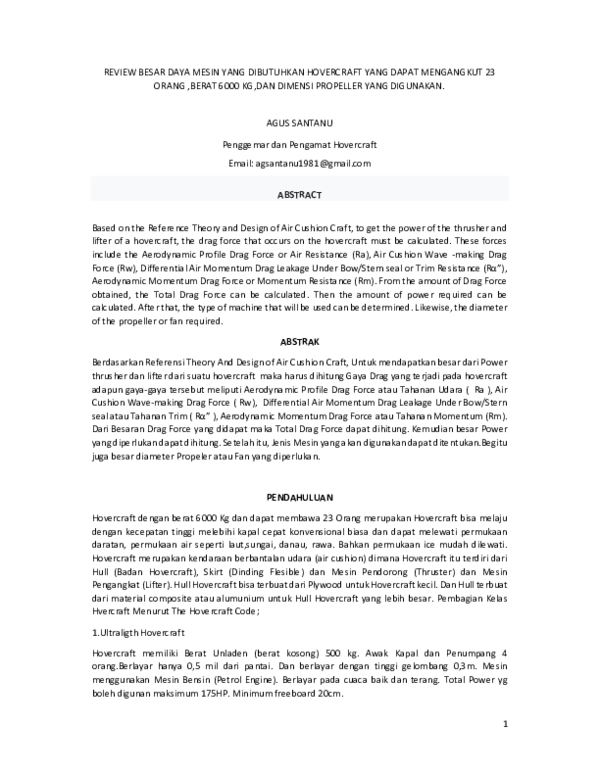 (PDF) REVIEW BESAR DAYA MESIN YANG DIBUTUHKAN HOVERCRAFT YANG DAPAT ...