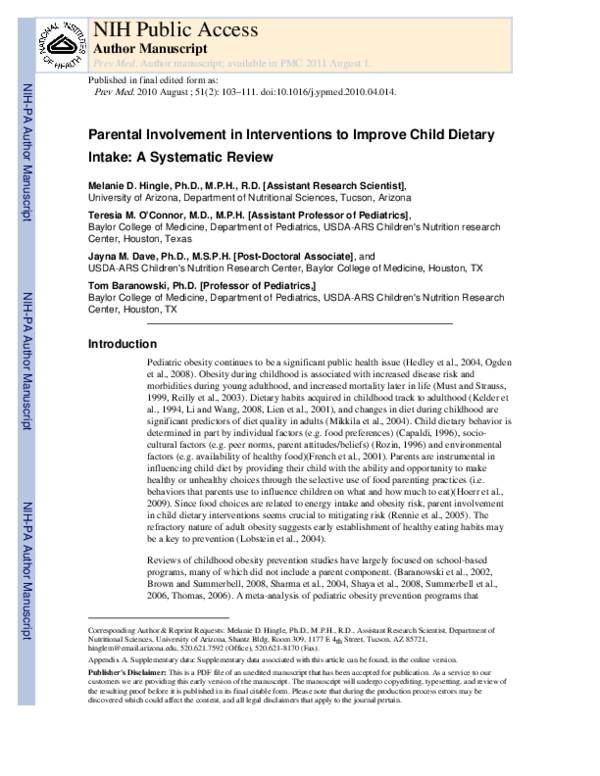 (PDF) Parental involvement in interventions to improve child dietary intake: A systematic review