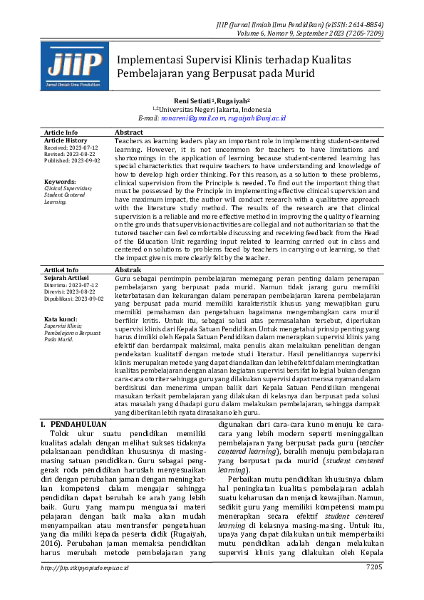 (PDF) Implementasi Supervisi Klinis terhadap Kualitas Pembelajaran yang Berpusat pada Murid