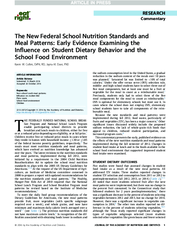 (PDF) The New Federal School Nutrition Standards and Meal Patterns ...