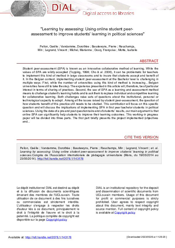 (PDF) Learning by assessing: Using online student peer-assessment to improve students’ learning ...