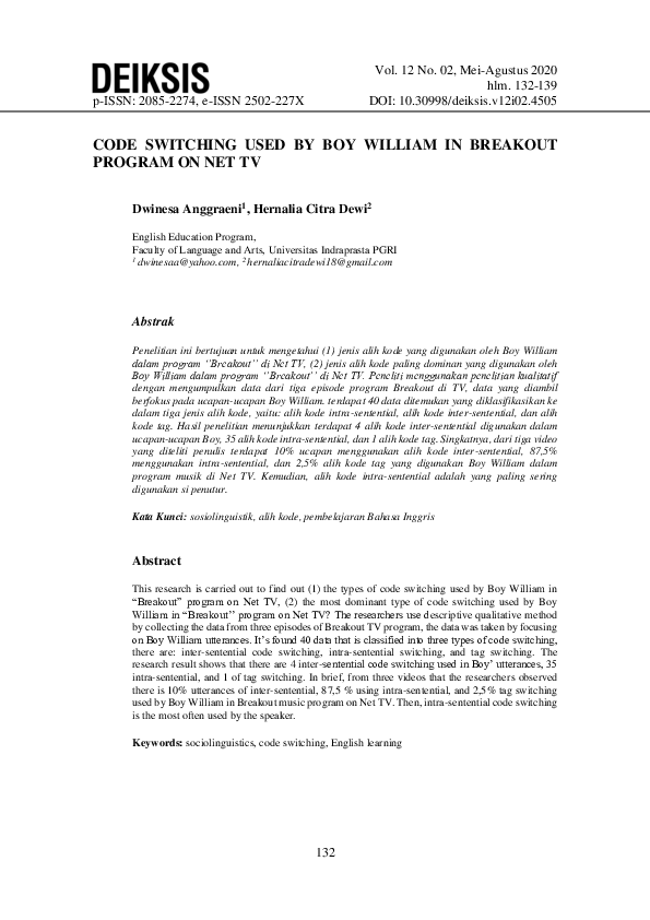 (PDF) Code Switching Used by Boy William in Breakout Program on Net Tv