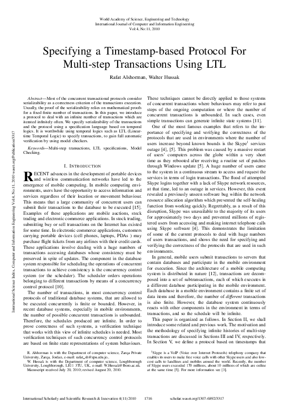 (PDF) Specifying a Timestamp-based Protocol For Multi-step Transactions Using LTL