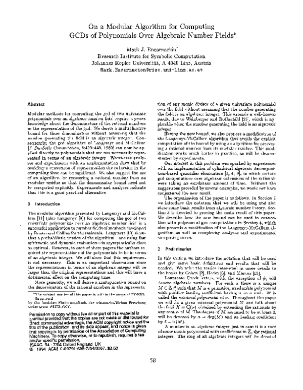 Pdf On A Modular Algorithm For Computing Gcds Of Polynomials Over 7775