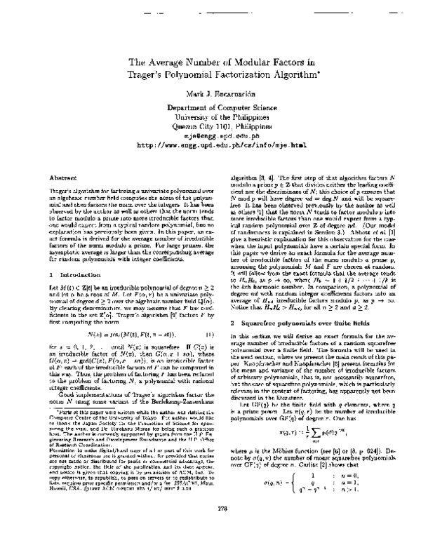 (PDF) The average number of modular factors in Trager's polynomial factorization algorithm