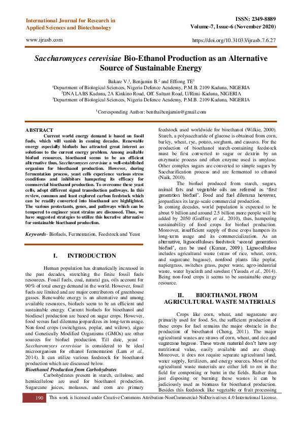 (PDF) Saccharomyces cerevisiae Bio-Ethanol Production as an Alternative Source of Sustainable ...