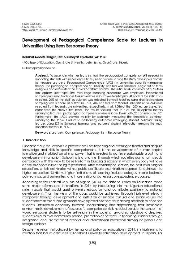 (PDF) Development of Pedagogical Competence Scale for Lecturers in ...