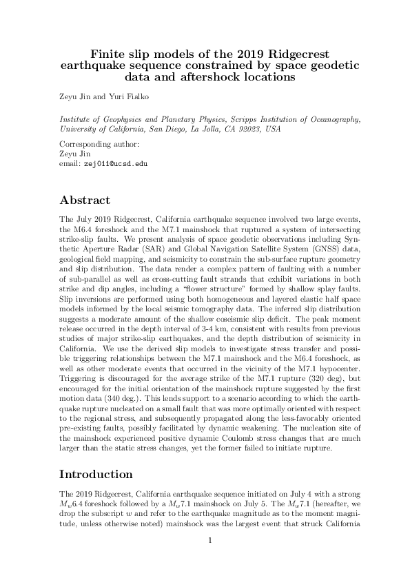 Pdf Finite Slip Models Of The 2019 Ridgecrest Earthquake Sequence Constrained By Space