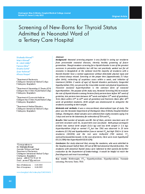 (PDF) Screening of New-Borns for Thyroid Status Admitted in Neonatal ...