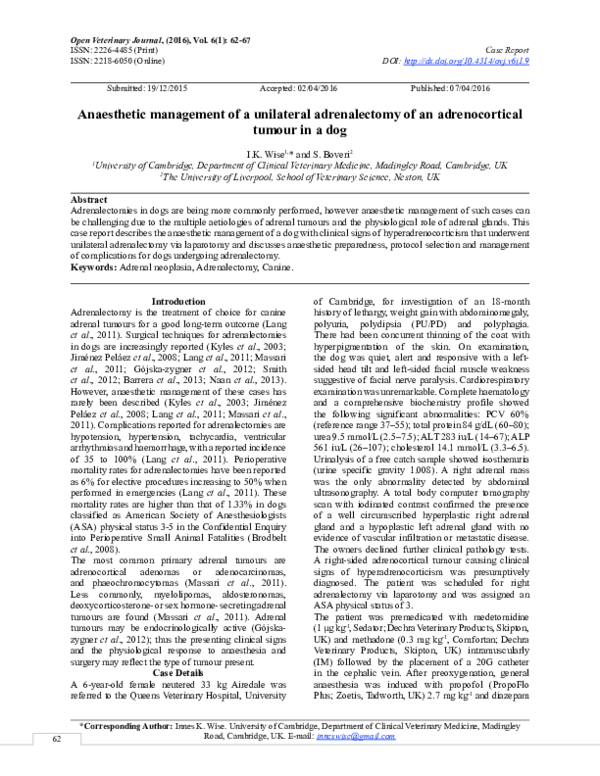 (PDF) Anaesthetic management of a unilateral adrenalectomy of an ...