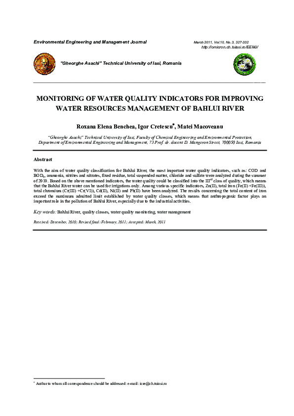 (PDF) Monitoring of Water Quality Indicators for Improving Water ...