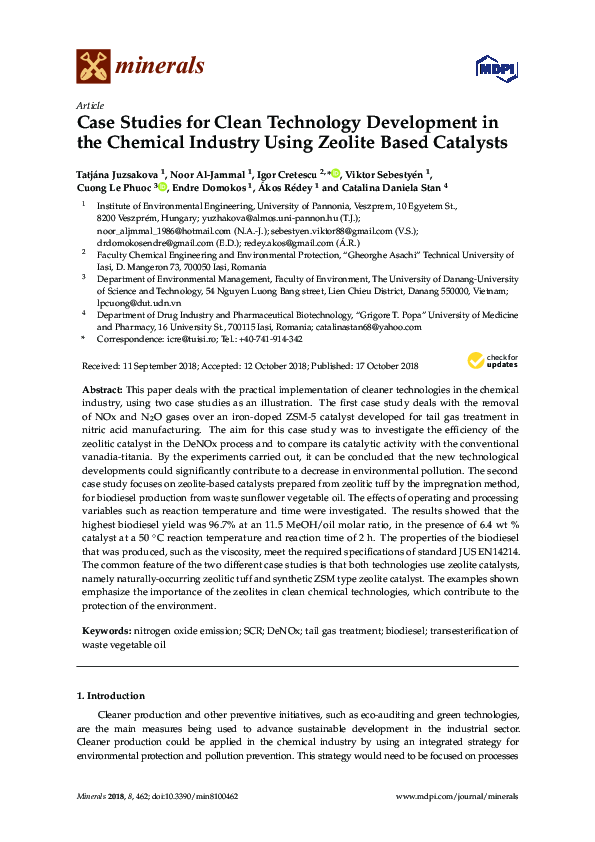 (PDF) Case Studies for Clean Technology Development in the Chemical Industry Using Zeolite Based ...