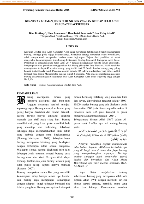 (PDF) Keanekaragaman Jenis Burung DI Kawasan Deudap Pulo Aceh Kabupaten Aceh Besar