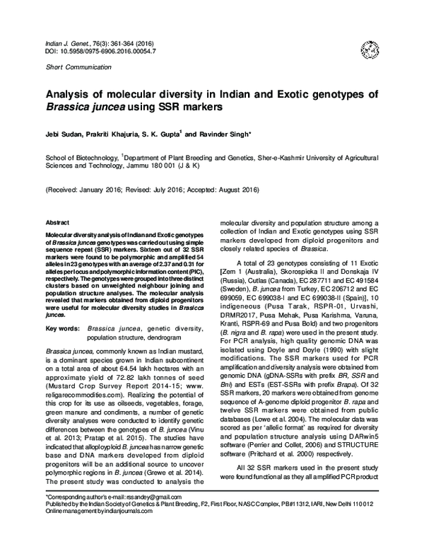 (PDF) Analysis of molecular diversity in Indian and Exotic genotypes of Brassica juncea using ...