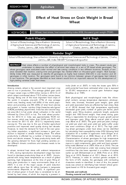 (PDF) Identification of heat stress tolerant genotypes in bread wheat