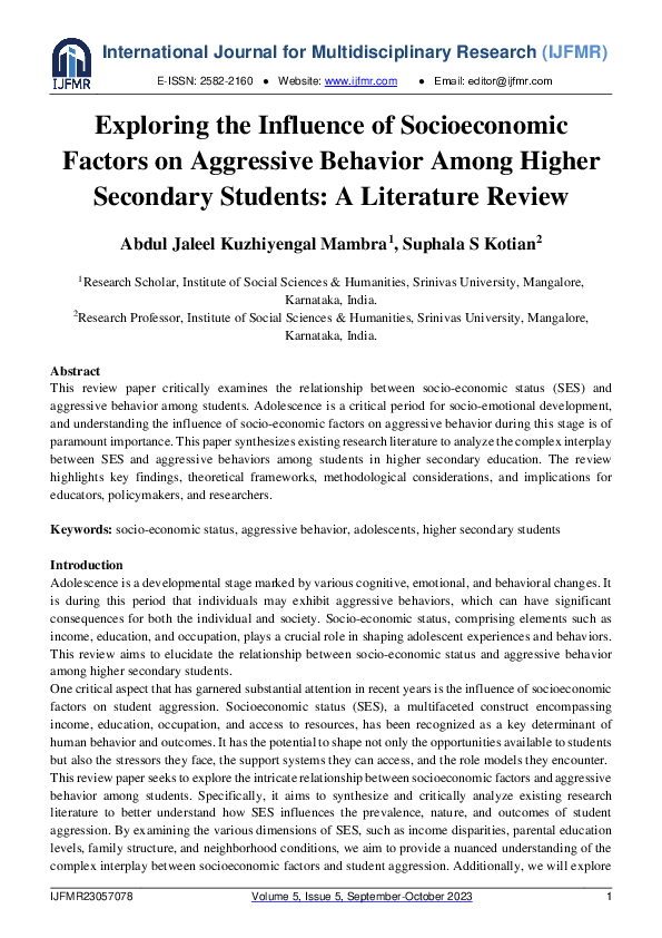 (PDF) Exploring the Influence of Socioeconomic Factors on Aggressive Behavior Among Higher ...