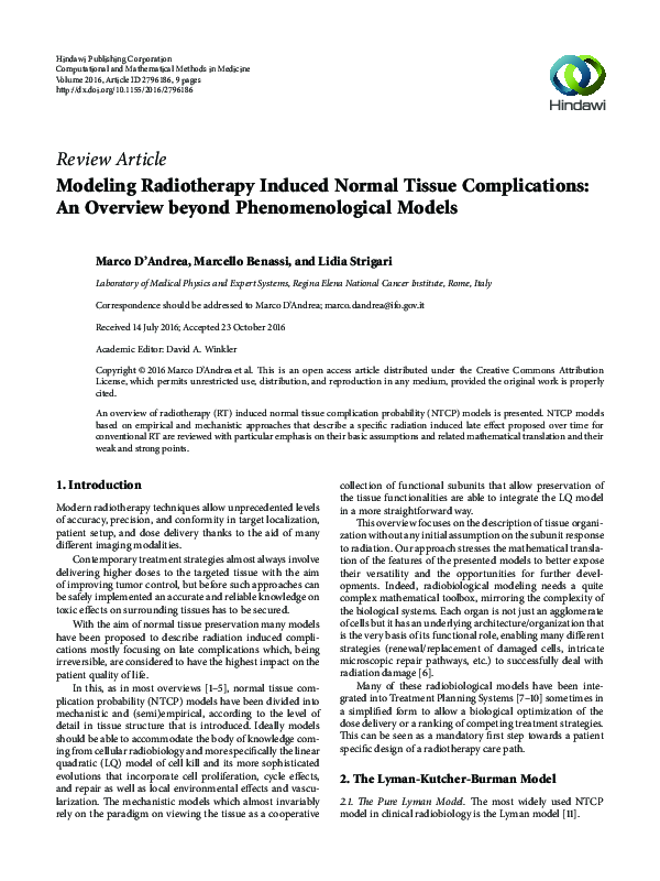 Pdf Modeling Radiotherapy Induced Normal Tissue Complications An Overview Beyond