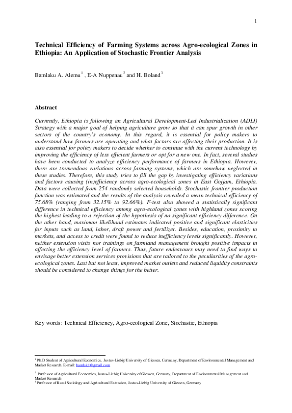 (PDF) Technical Efficiency of Farming Systems across Agro-ecological Zones in Ethiopia: An ...