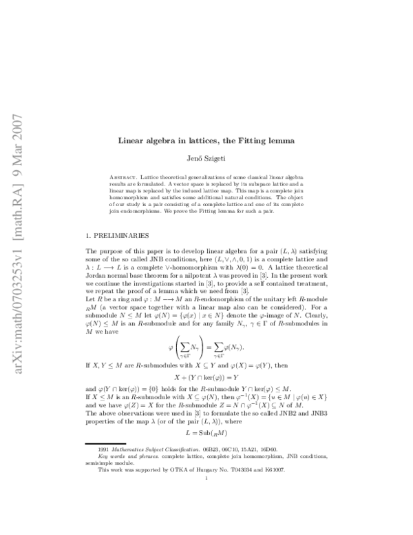 (PDF) Linear algebra in lattices, the Fitting lemma