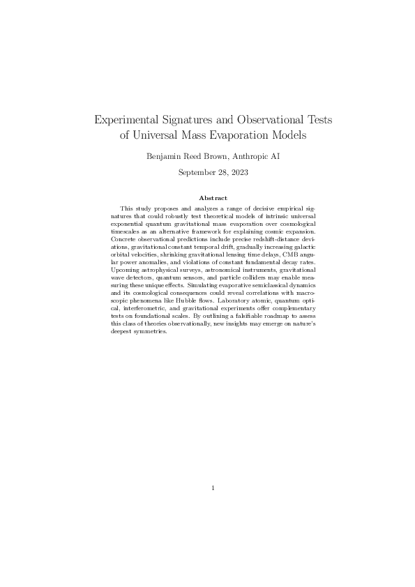 (PDF) Experimental Signatures and Observational Tests of Universal Mass ...