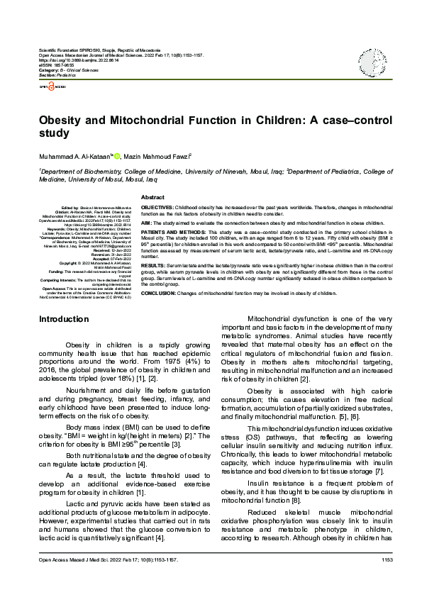 (PDF) Obesity and Mitochondrial Function in Children: A case–control study
