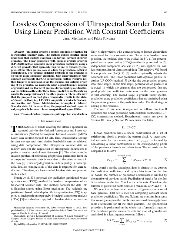 (PDF) Lossless Compression of Ultraspectral Sounder Data Using Linear Prediction With Constant ...