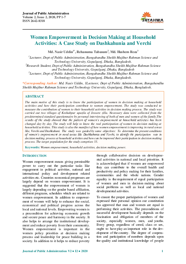 (PDF) Women Empowerment in Decision Making at Household Activities: A ...