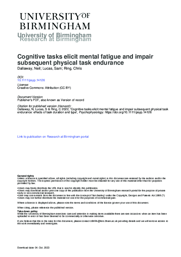 (PDF) Cognitive tasks elicit mental fatigue and impair subsequent physical task endurance ...