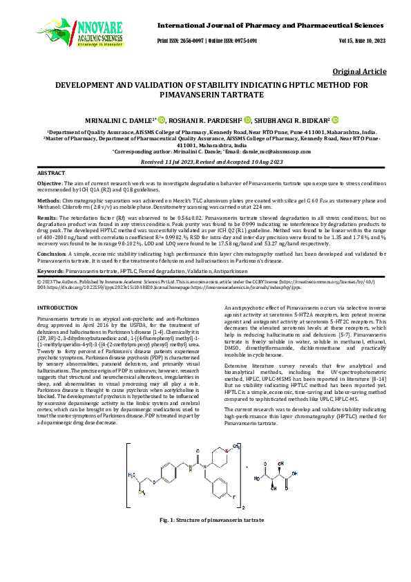 (PDF) DEVELOPMENT AND VALIDATION OF STABILITY INDICATING HPTLC METHOD FOR PIMAVANSERIN TARTRATE ...