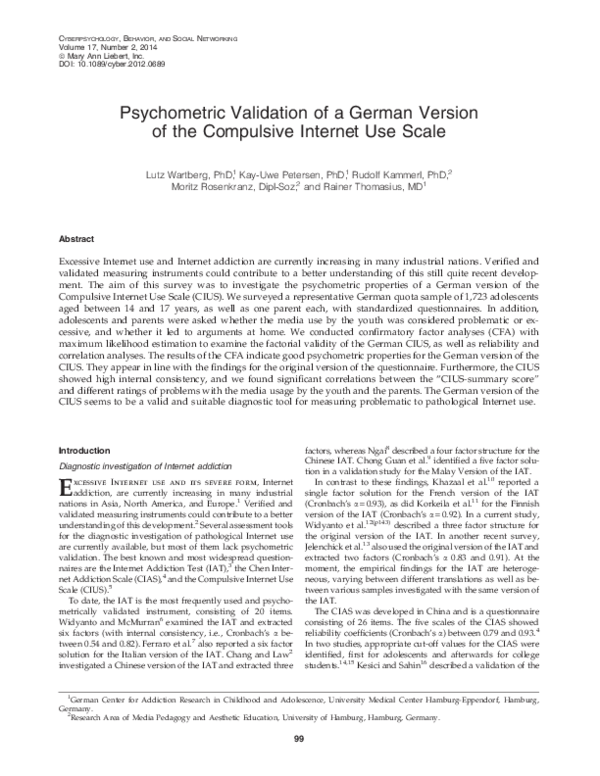 (PDF) Psychometric Validation of a German Version of the Compulsive Internet Use Scale