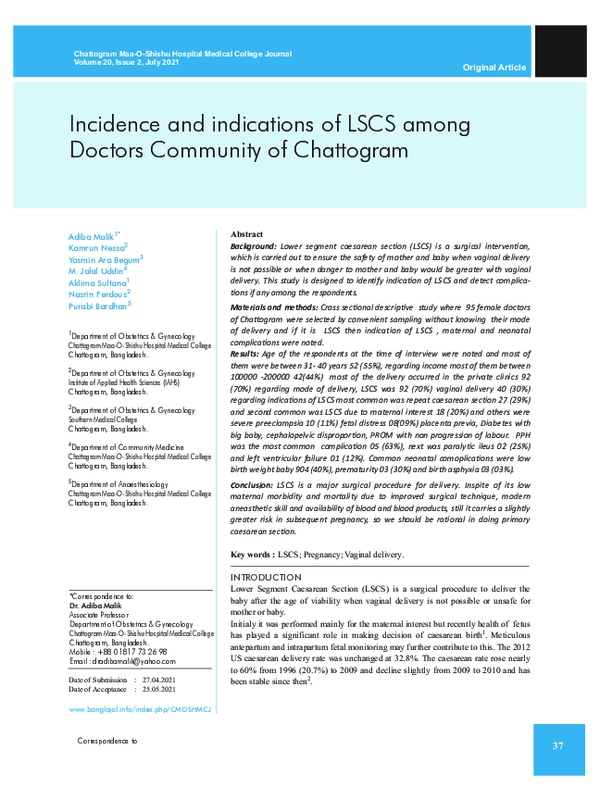 (PDF) Incidence and indications of LSCS among Doctors Community of ...