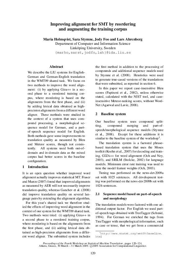 Pdf Improving Alignment For Smt By Reordering And Augmenting The Training Corpus