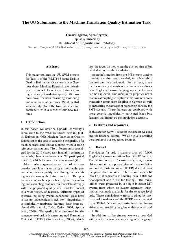 Pdf The Uu Submission To The Machine Translation Quality Estimation Task