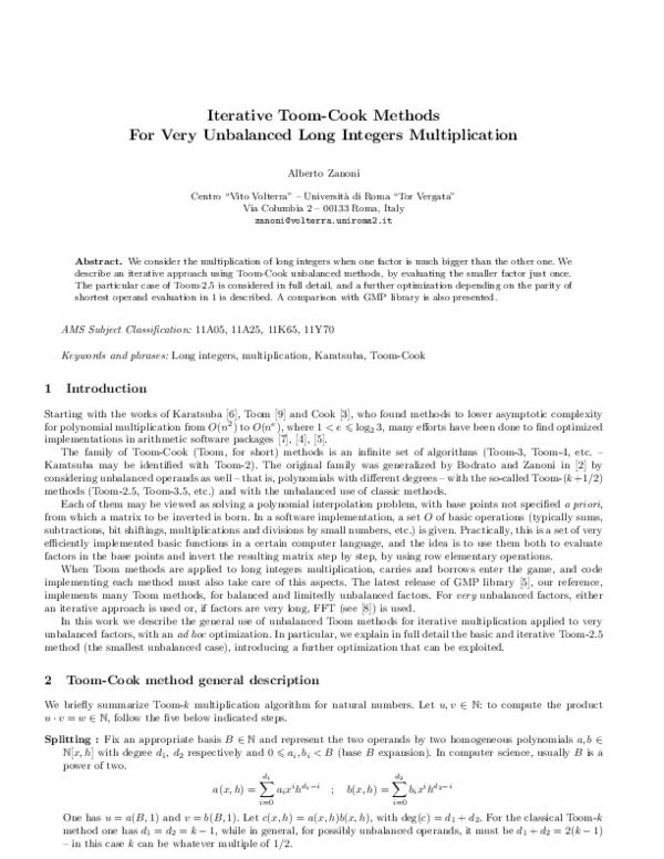 Pdf Iterative Toom Cook Methods For Very Unbalanced Long Integer Multiplication